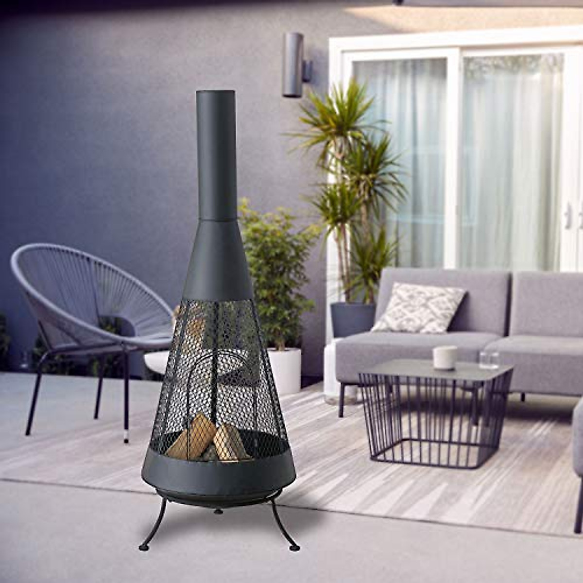 Scandi Garden Chiminea, Free Standing Fireplace, Modern Farmhouse Style, Black, Removable Grill, 360 Degree View Basket, Iron, 19.75 D x 56.75 H Inches