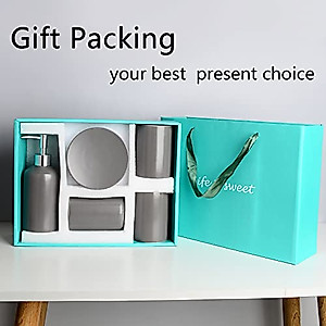 Ceramic Bathroom Accessories Set 5 Pieces, Grey Bathroom Accessory Set Complete, Lotion Dispenser Toothbrush Holder 2 Tumblers Soap Dish Classic Grey Matte for Bath Countertop Organizer Decor, SAIURE