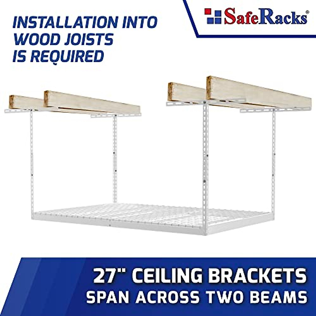 SafeRacks Overhead Garage Storage Rack, Heavy Duty Steel Ceiling Mount Storage Shelves with 500 lb Capacity, Adjustable, Garage Overhead Storage, Shelving, Ceiling Racks 4x6 White (24"-45")