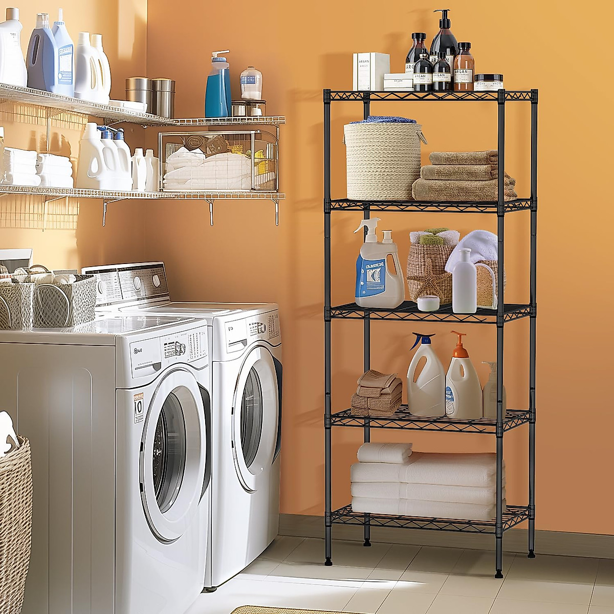 5-Tier Wire Shelving Unit Storage Shelves Heavy Duty Metal Shelf 24"L x 14"W x 60"H Utility Steel Organizer Rack NSF Garage Shelving with Leveling Feet for Kitchen, Garage, Bathroom, Laundry, Black