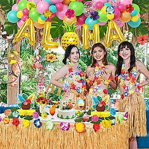 Hawaiian Aloha Luau Party Decorations, 153Pcs Tropical Summer Beach Birthday Supplies Grass Table Skirt Hanging Swirl Aloha Balloon Garland Honeycomb Centerpiece Hibiscus Palm Leaves Straws CakeTopper