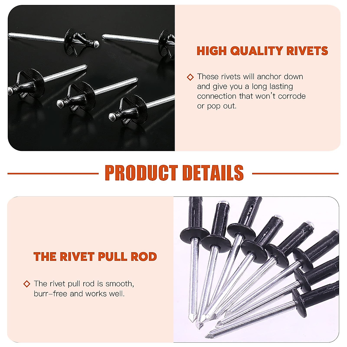 Tanstic 80Pcs 3/16'' x 9/16'' / 3/4'' / 13/16'' / 1" 4 Sizes Flange Aluminum Blind Rivets Large Head Tri-Fold Exploding Pop Rivets Assortment Kit (Black)