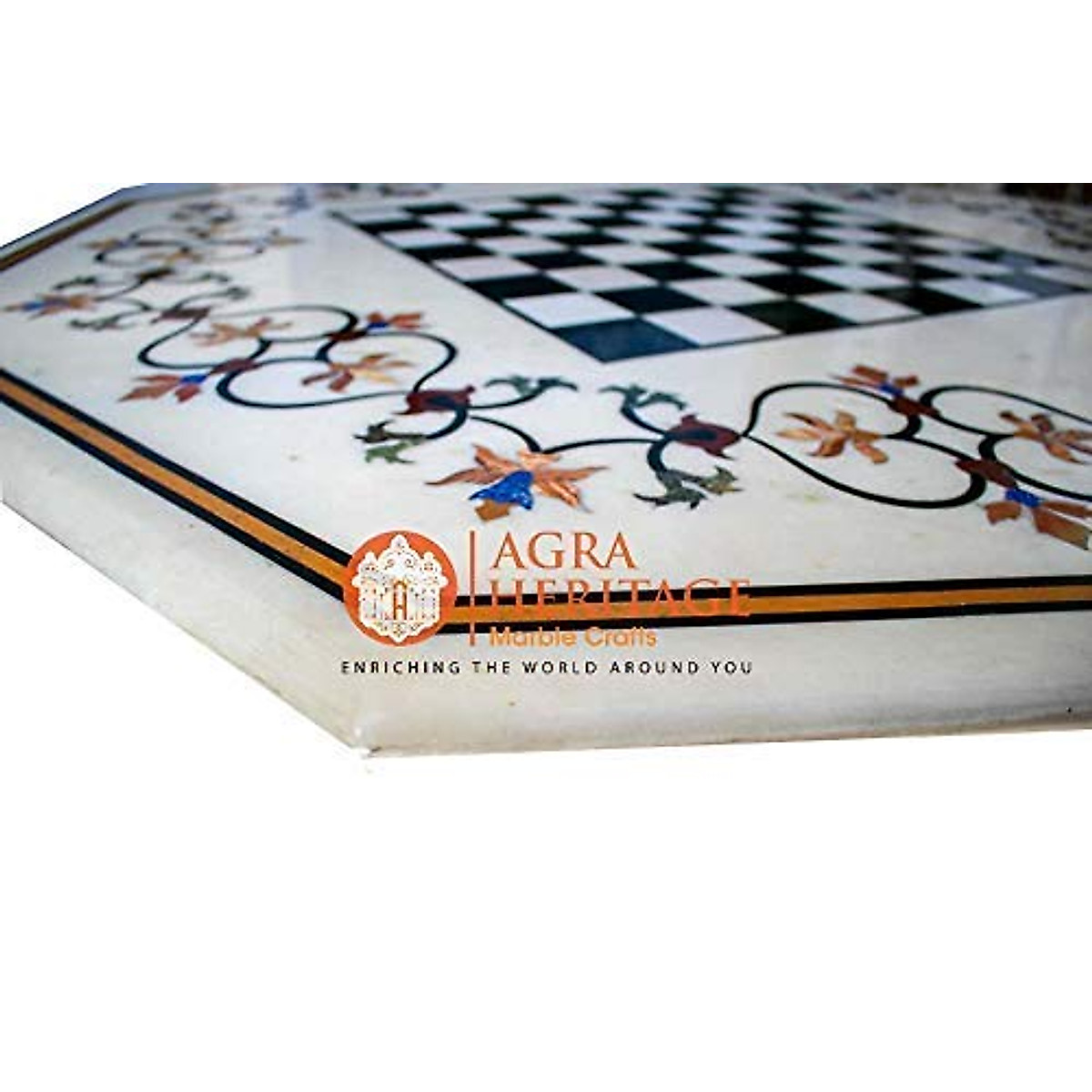 Whtie Marble Chess Dining 51" Table Top Floral Marquetry Arts Playroom Decor Gift For Chess Player
