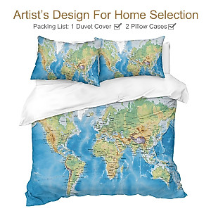 Sleepwish World Map Bedding Duvet Cover Set for Kids Vivid Printed Childrens Bedding Full Size Bedspread