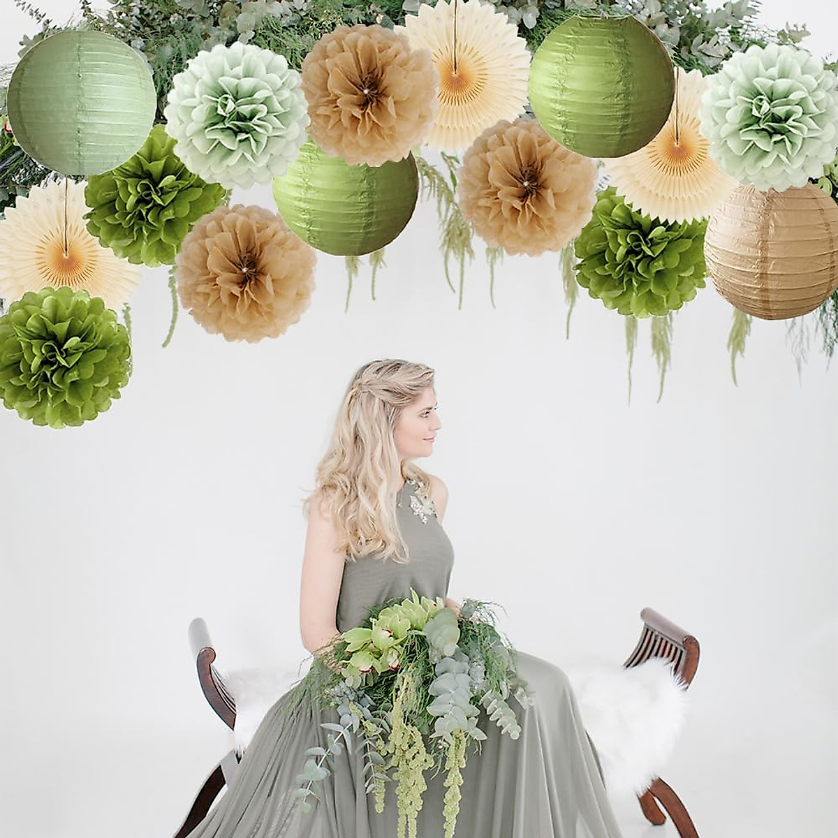 Olive Green and Brown Party Decorations Sage Green Paper Lanterns Champagne Tissue Paper Pom Poms Beige Paper Fans Kit for Birthday Bridal Shower Wedding Olive Green and Brown Baby Shower Decorations