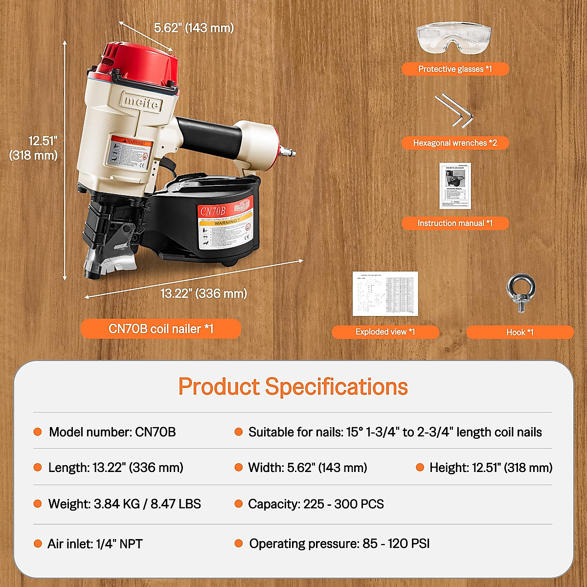 meite CN70B Pneumatic Coil Siding Nailer 1-3/4-Inch to 2-3/4-Inch Industrial Coil Framing Nailer