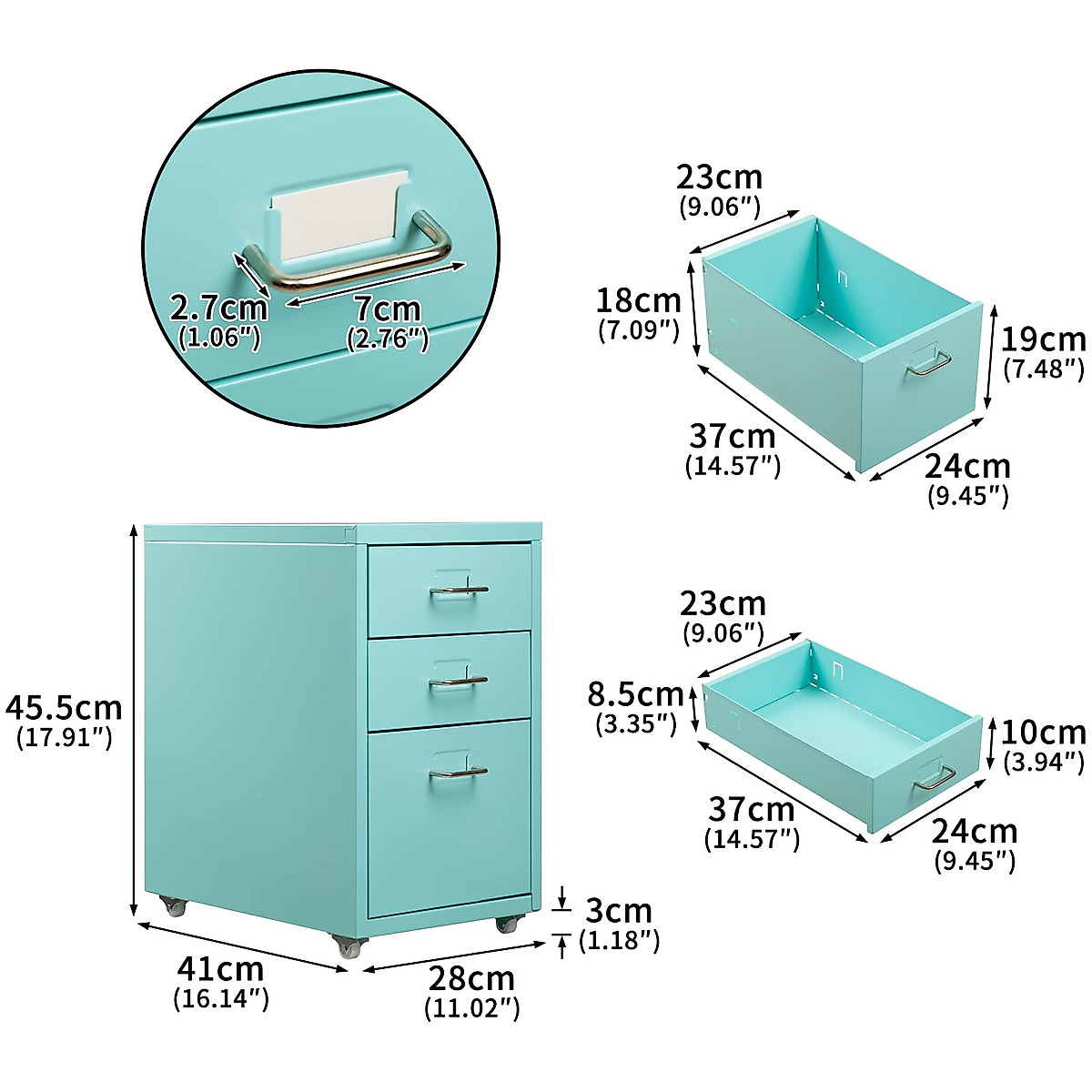HollyHOME 3-Drawer Mobile Classification Storage Cabinet, Under Desk for A4 Mini File Cabinet, Mobile File Cabinet with Wheels for Home and Office, Blue