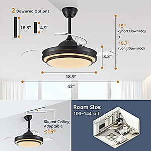 LEDIARY 42 Inch Retractable Ceiling Fans with Lights and Remote, Bladeless Ceiling Fans with LED Lighting, Smart Modern Ceiling Fan, Stepless Color Changeable, Dimmable, Timer Setting - Black