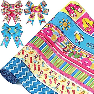 6 Rolls 30 Yards Summer Wired Ribbon Flip Flop Waves Polka Dot Stripe Fabric Decorative Ribbon Summer Themed Burlap Ribbons for Summer Wreath Bow DIY Craft