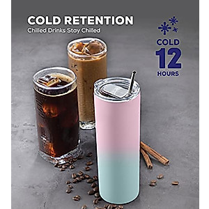 Insulated Skinny Stainless Steel Tumbler Set - 4-Pack 20oz Coffee Tumbler with Straw - Travel Coffee Mug With PBA Free Lids - Slim Vacuum Insulated Tumblers Keep Hot and Cold - Great for Home, Office.