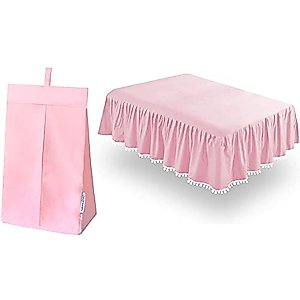 SPRINGSPIRIT Crib Skirt with Lovely Pompoms & Diaper Organizer Hanging Diaper Stacker Pink