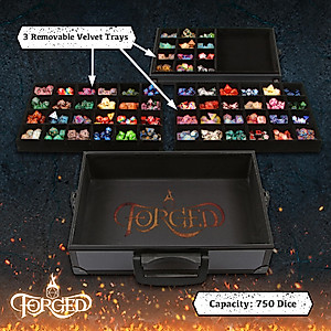 Forged Dice Co. Dice Display Case and Rolling Tray with 3 Removable Divided Dice Trays - Storage Box Holds up to 720 Metal or Plastic Polyhedral Dice Sets - Great for Dice Collectors or RPG D&D Games