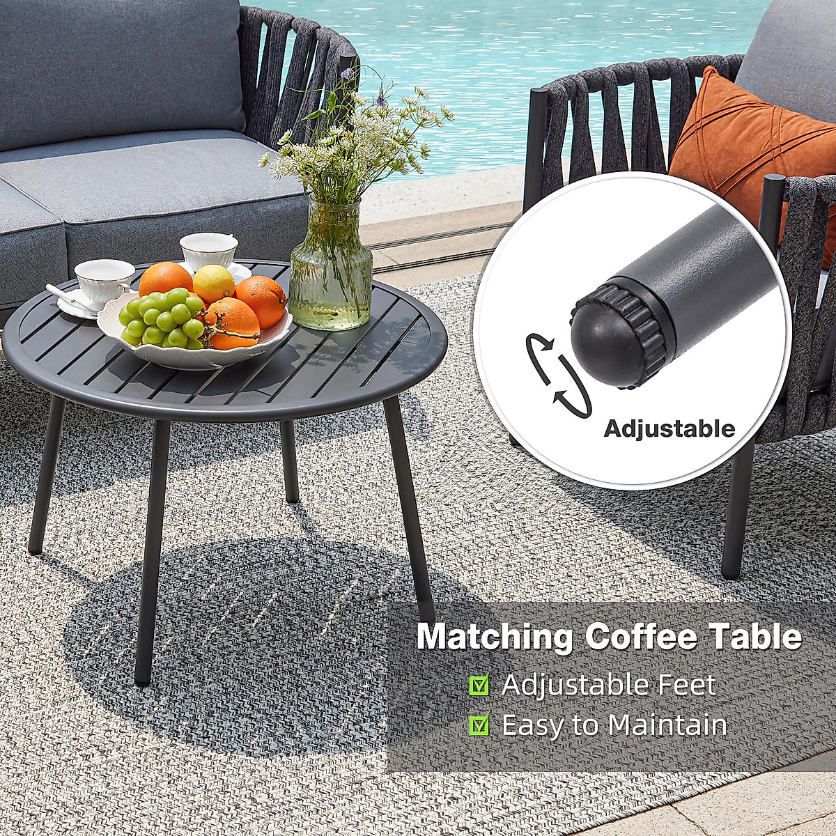 COMLAX FIELD 4 Pieces Patio Furniture Sets, Modern Patio Conversation Set, Outdoor Furniture Set with Table, Metal Patio Furniture Set with Removable, Washable and Thicken Cushions, Grey