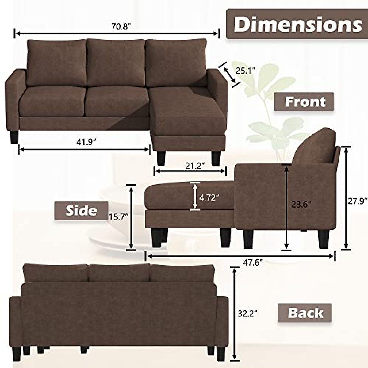 YESHOMY Convertible Sectional 3 L-Shaped Couch Soft Seat with Modern Linen Fabric, Small Space Sofas for Living Room, Apartment and Office, 70'', Brown
