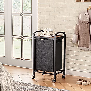 ALOFA Laundry Basket, Laundry Hamper with Shelf, 48L Laundry Room Organization, Pull Out and Removable Laundry Bag, Metal Frame Made Laundry Sorter Wheels and Adjustable Feets Black