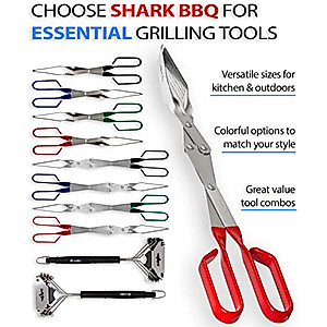 Shark BBQ Grilling Tongs: Extra long reach for outdoor grill & kitchen. Best cooking accessories for charcoal, gas grills & smoker. Perfect stainless steel gift for dad. Great for indoor cooking (Red)