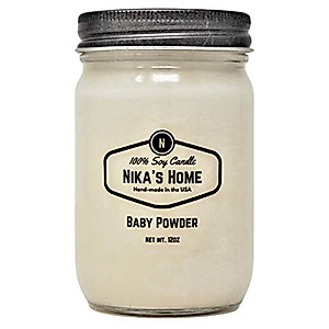 Nika's Home Baby Powder Soy Candle 12oz Mason Jar Non-Toxic White Soy Candle-Hand Poured Handmade, Long Burning 50-60 Hours Highly Scented All Natural, Clean Burning Large Candle Gift Décor