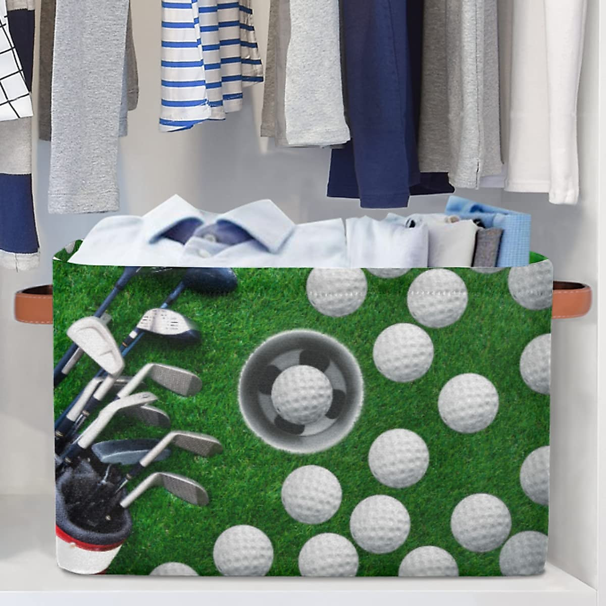 OMFUNS Golf Ball Storage Basket, Sport Golf Ball Foldable Storage Bin with Handle Fabric Rectangular Storage Box Organizer for Closet Shelf Home Office Nursery Toy Basket, 1 Pack