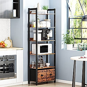 Furologee TV Stand with 3-Tier Open Storage Shelves and 6-Tier Bookshelf, Tall Rustic Bookcase with 2 Drawers Storage Organizer,