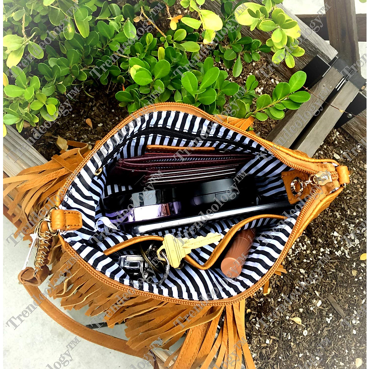 Front and Back Both Side Fringed Soft PU Leather Medium Long Cross Body Messenger Shoulder Bag (Taupe)