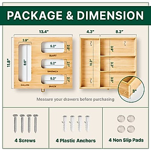 WIZLIV Ziplock Bag Organizer – Large Bamboo Drawer Organizer for Gallon, Quart, Sandwich and Snack Bags – Food Storage Bag Dispenser – Plastic Bag Holder for Kitchen Drawer Organization