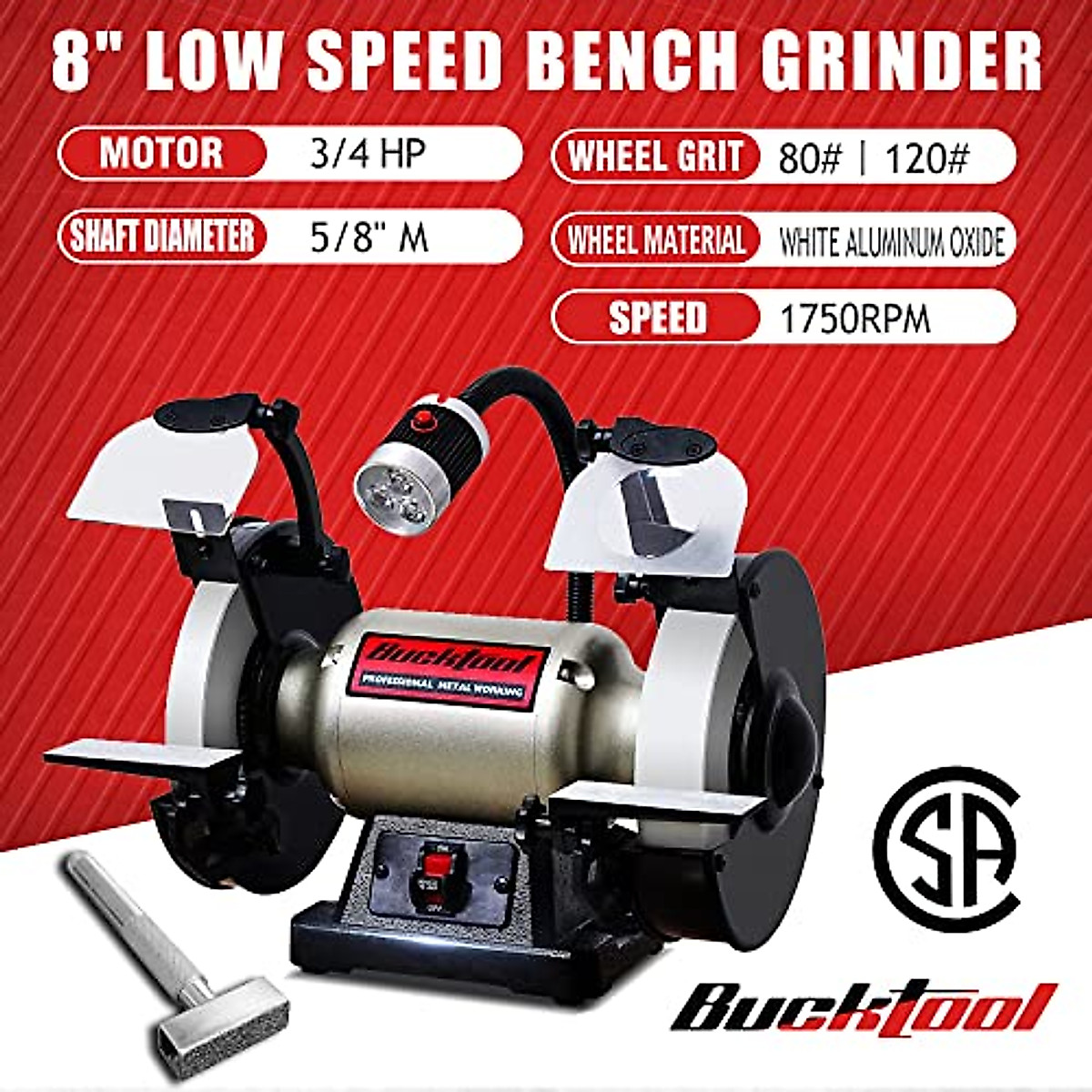 BUCKTOOL 8Inch Low-Speed Bench Grinder fit CBN Wheel Professional Wobble-free Wheel Grinder TDS-200C4HL