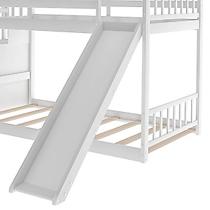SOFTSEA Twin Over Twin Floor Bunk Bed with Slide and Stairs Wooden Bunk Beds for Kids, No Box Spring Needed(White)