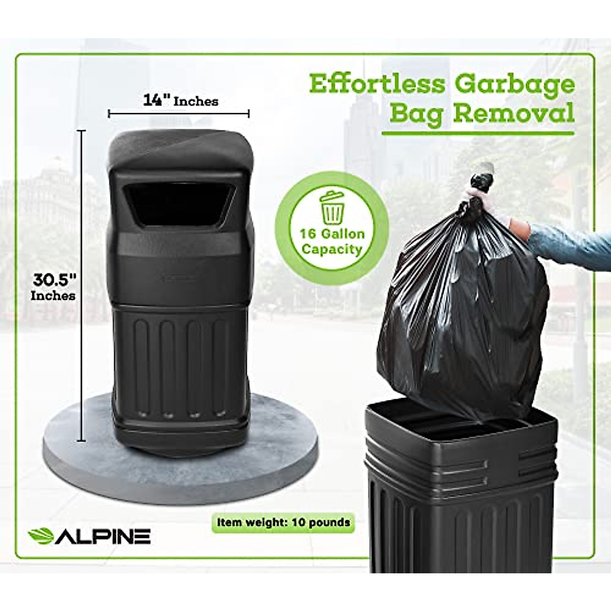 Alpine Industries Outdoor/Indoor Trash Can - Heavy Duty Garbage Can with Lid - Trash Bin for Home, Kitchen, and Bathroom - (16-Gallon Capacity, Black)