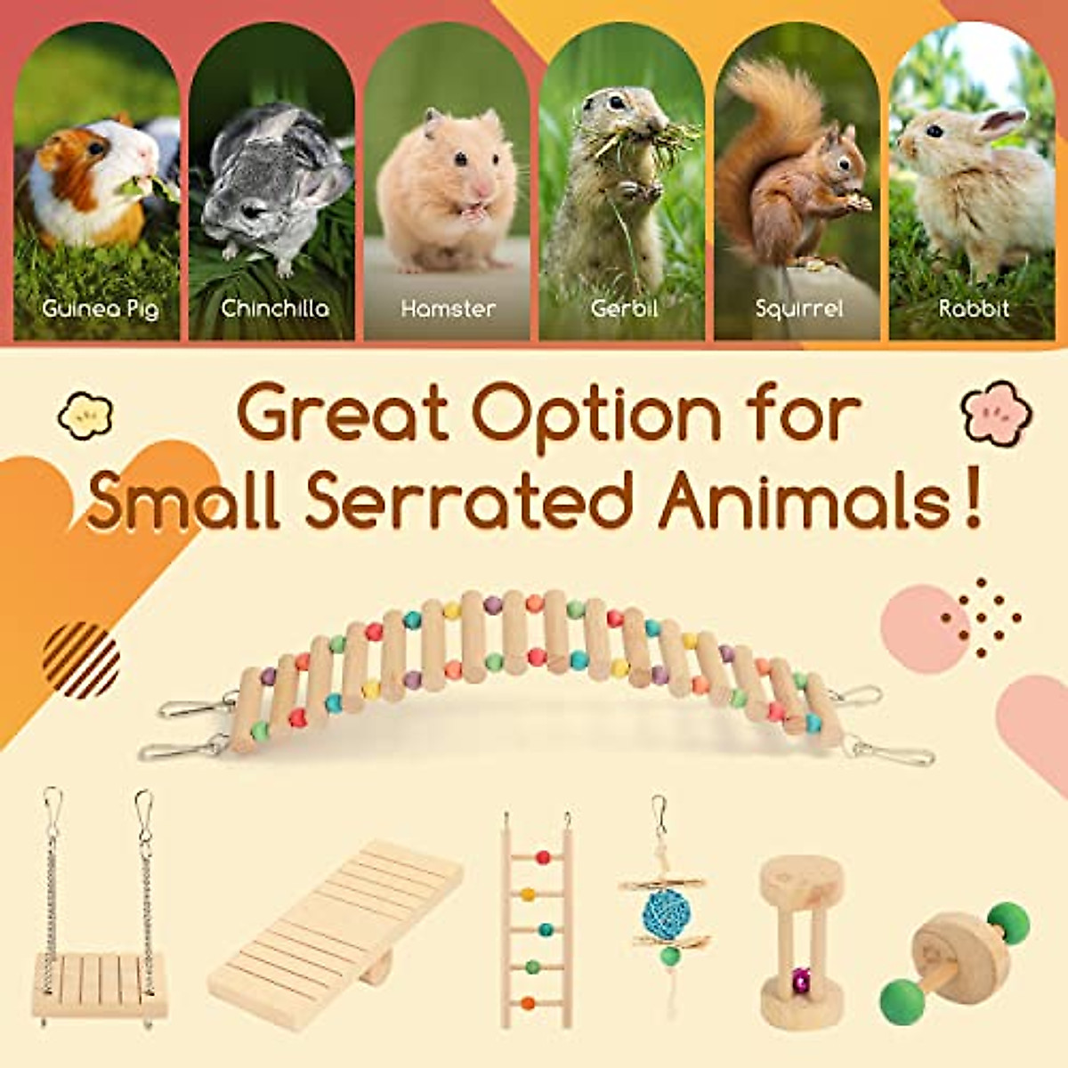 Nobleza Guinea Pig Toys, 7 Pack Natural Wooden Hamster Chew Toy Set, Teeth Care Molar Exercise Toys for Pet Rats, Dwarf Syrian Hamsters, Chinchillas, Gerbils