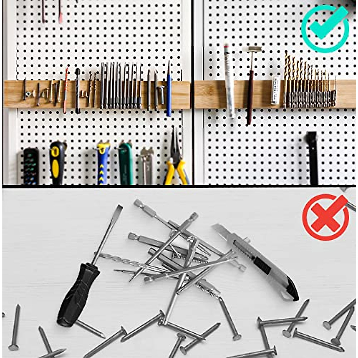 15.7 Inch Bamboo Magnetic Bits Holder Bar, Powerful Magnetic Garage Wall Pegboard Anti-Lost Workshop Small Metal Tools Storage Flat Magnet Strip,Easy Access Tools Organizer, Keep your Tools in Neat