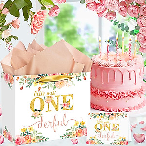 Baby Girl 1st Birthday Gift Bag Little Miss Onederful Gift Bag with Greeting Card and Tissue Papers Floral One Birthday Wrapping Paper Bag for Girls Newborn Baby Shower Christmas First Birthday Party