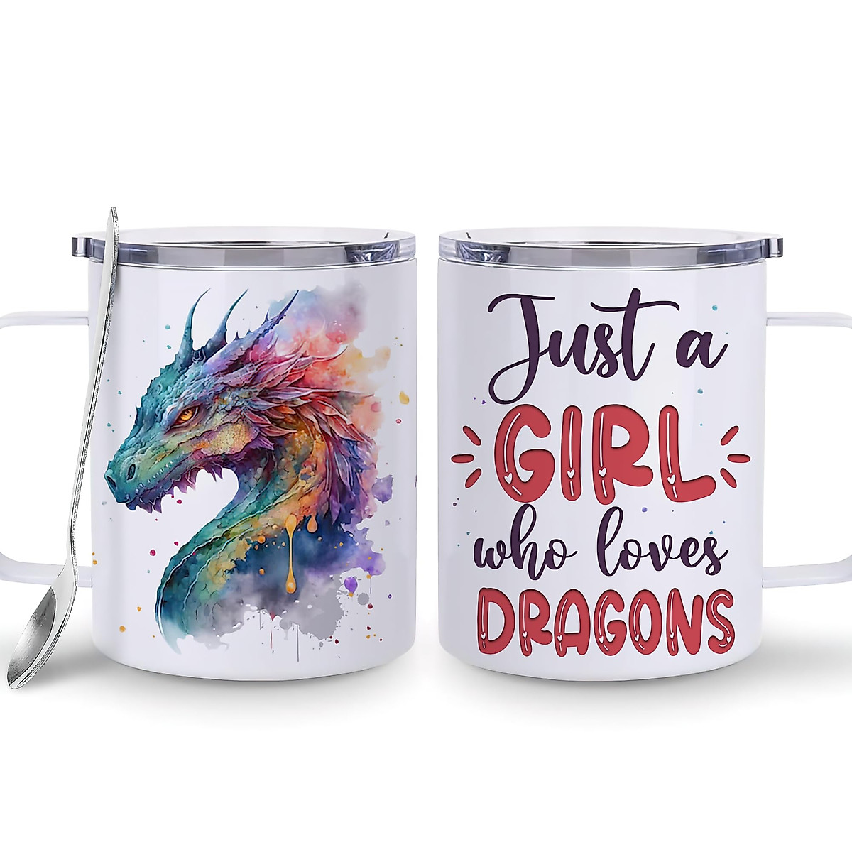 Hyturtle Dragon Cup Gifts Dragon Lover, Just A Girl Who Loves Dragons Coffee Mug Stainless Steel 12oz, Dragon Gifts For Women, Cute Animal Lover Gift For Girls, Daughter On Birthday Christmas