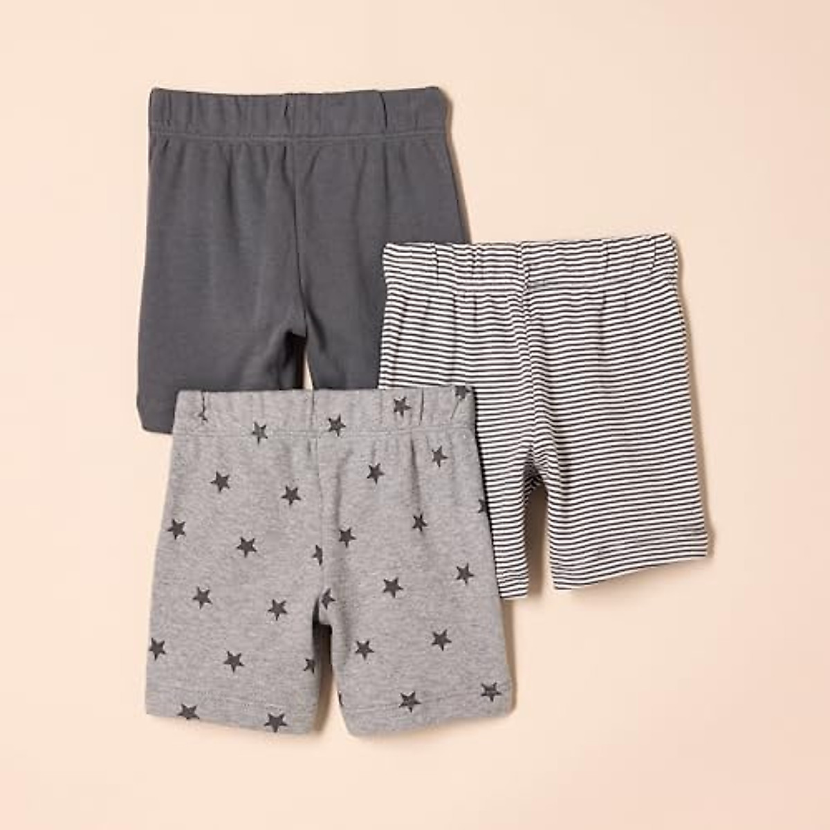 Amazon Essentials Unisex Babies' Cotton Pull-On Shorts, Pack of 3, Black/Grey Heather Stars/White Stripe, 24 Months