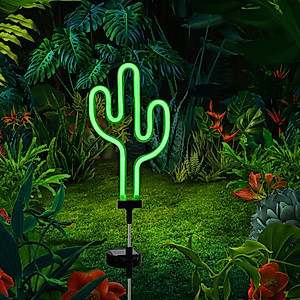 SVEIKS Solar Cactus Garden Stake Lights, Green Cacti Lighting Solar Pathway Lights Outdoor Waterproof LED Neon Strip for Courtyard Patio Lawn Flowerbed Landscape, 30" Tall (2 Pack)