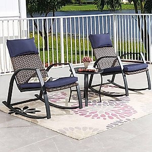 PatioFestival Patio Bistro Set 3 Pieces Outdoor Furniture Cushioned Rocking Chairs with Side Table Pillow All Weather Frame, Blue