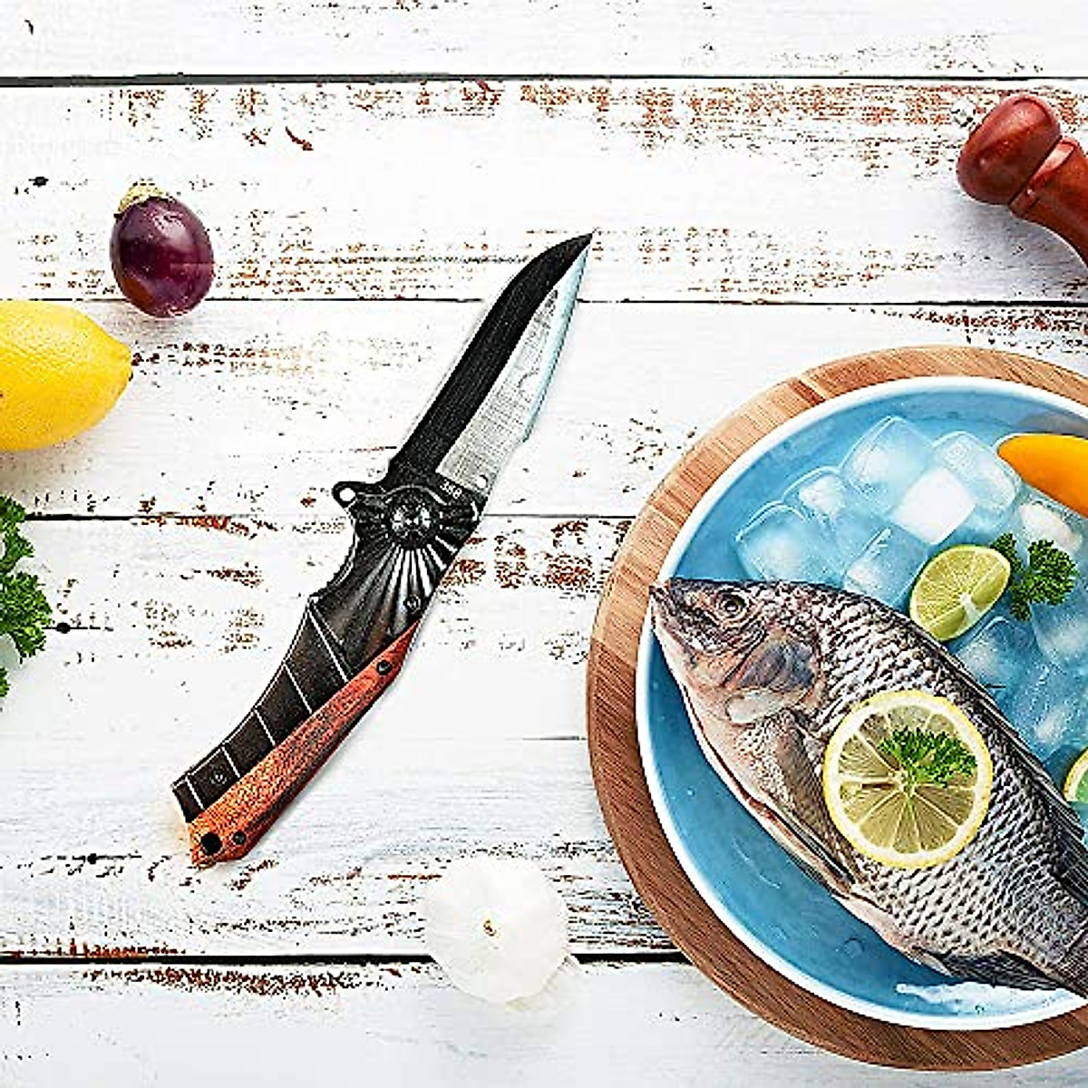 Spring Assisted Pocket Knife with Clip, Folding Pocket Knife - Decorative Metal and Wood Handle Grip