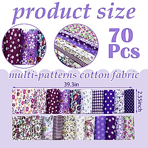 Kingdder 70 Pcs Floral Cotton Fabric Patchwork Roll 2.55 x 39.4 Inch Cotton Quilting Fabric Roll up Cotton Fabric Quilting Strips Precut Patchwork Roll for Craft Sewing DIY Crafts (Purple Flower)