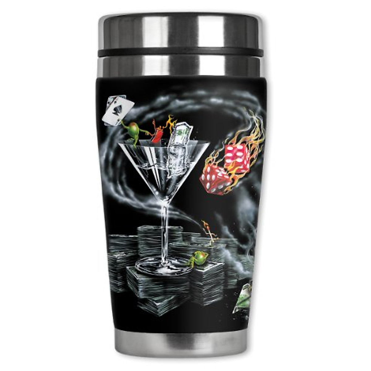 Mugzie Michael Godard Strike it Rich Travel Mug with Insulated Wetsuit Cover, 16 oz, Black