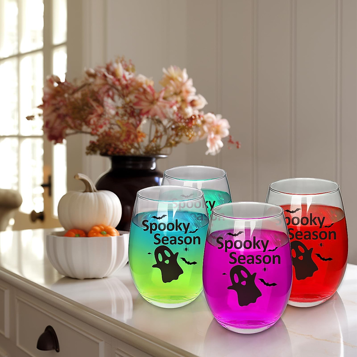 CNVOILA Halloween Wine Glass with Cute Ghost Design -Halloween Gifts for Women Spooky Season Stemless Drinkware - Ideal for Halloween Parties and Fall Decor - Festive Beverage Cup 18oz