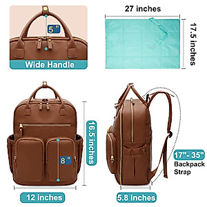 MOMINSIDE Diaper Bag Backpack with 18 Pockets, Leather Baby Bag for Mom Dad, Travel Baby Bag for Girl Boy, Large Wet Pocket, 4 Insulated Pockets, Stroller Straps, Brown