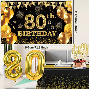 80th Birthday Decorations Men Women with 80th Birthday Banner, Black and Gold Table Cloth, 80 Number Balloons, 80th Birthday Sash, 80th Birthday Cake Topper and 80th Birthday Candles