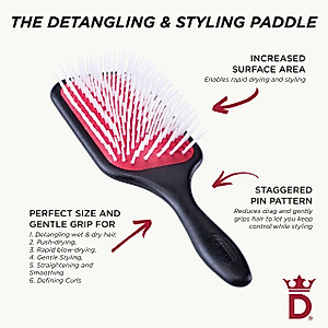 Denman Power Paddle Hair Brush for Fast and Comfortable Detangling, Blow Drying and Styling - Combination of D3 Styling Pins & Paddle Brush - For Women and Men (Red & Black), D38