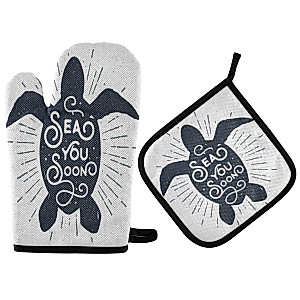 ALAZA Vintage Nautical Sea Turtle Oven Mitts and Pot Holders Sets Heat Resistant Kitchen Oven Gloves Potholder for Cooking Baking Grill