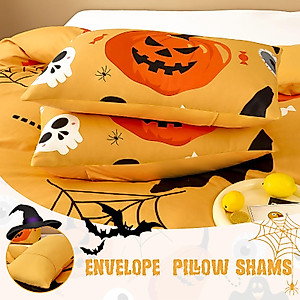 Luxudecor Halloween Duvet Cover Set King Size Pumpkin Orange Bedding Set with Pumpkin Ghost Duvet Cover Set,Halloween Festival Themed Bedding Set for All Seasons (3pcs, 104"x90")