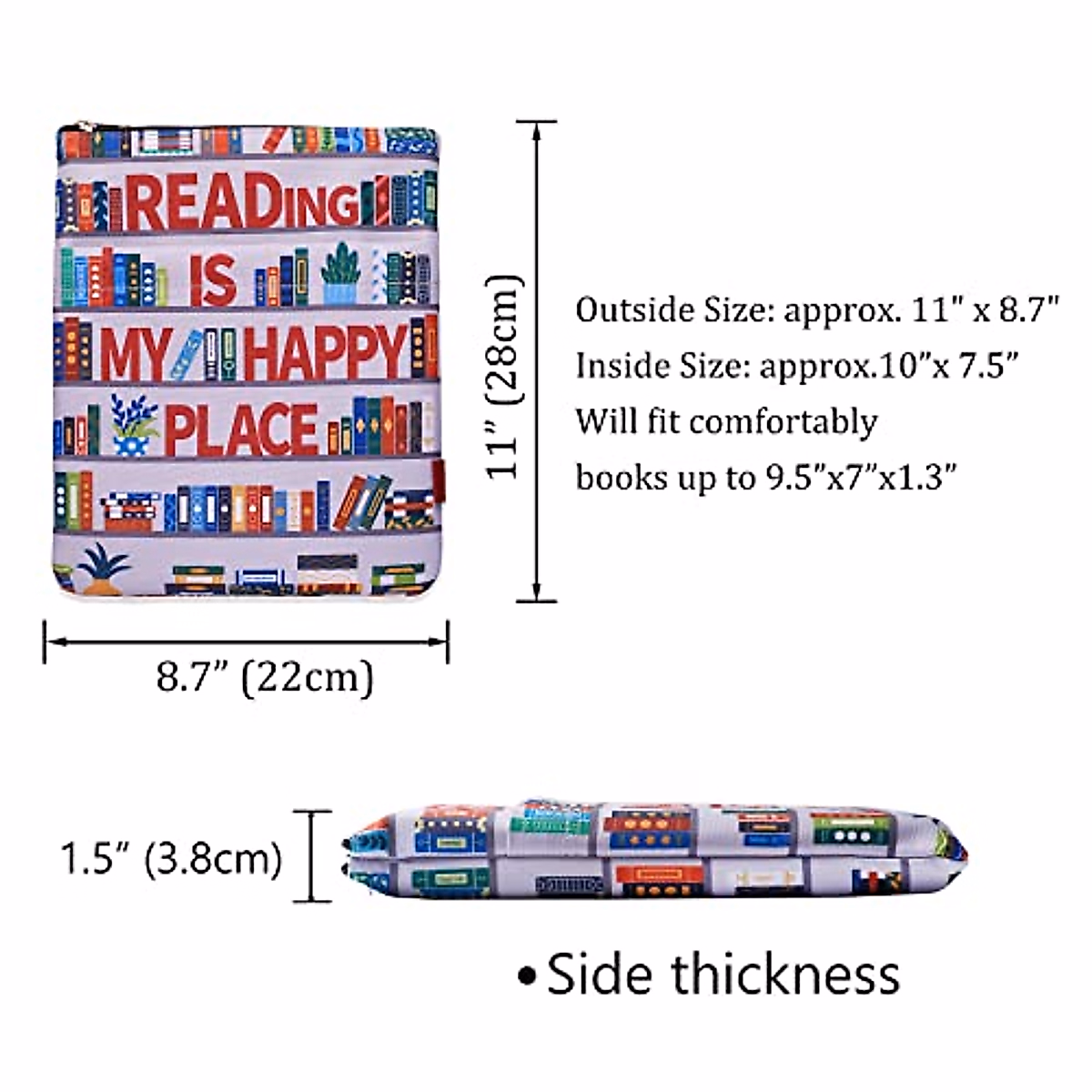 Reading is My Happy Place Book Sleeves Protector, Bookshelf Book Sleeve with Zipper, 11x8.5 Inch Washable Fabric Book Lovers