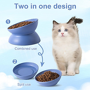 Raised Cat Bowl,Detachable 2 in 1 Cats Elevated Tilted Food and Water Bowls Whisker Stress Free Pet Feeder for Kittens,Puppy and Bunny,Blue