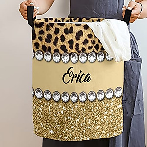 NZOOHY Leopard Print Golden Personalized Waterproof Foldable Laundry Basket Bag with Handle, Custom Collapsible Clothes Hamper Storage Bi