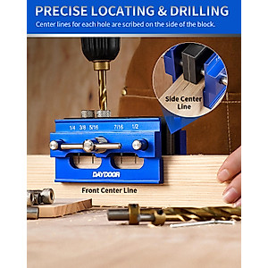 DAYDOOR Self Centering Doweling Jig Kit, Adjustable Width Dowel Jig for Woodworking, Centering Jig for Straight Holes Biscuit Joiner Set with 6 Bushings(Blue)