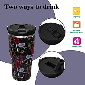 Hachishun Mushroom Tumbler With Flip Straw and Top Handle - 20 oz Insulated Stainless Steel Travel Mug - Wine Cups and Gifts