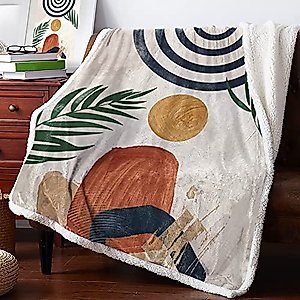 Mid Century Sherpa Flannel Throw Blankets,Boho Abstract Leaf Thick Reversible Plush Fleece Blanket for Bed Couch Sofa,Geometric Minimalist Aesthetic Ultra Soft Comfy Warm Fuzzy TV Throws 40x50in